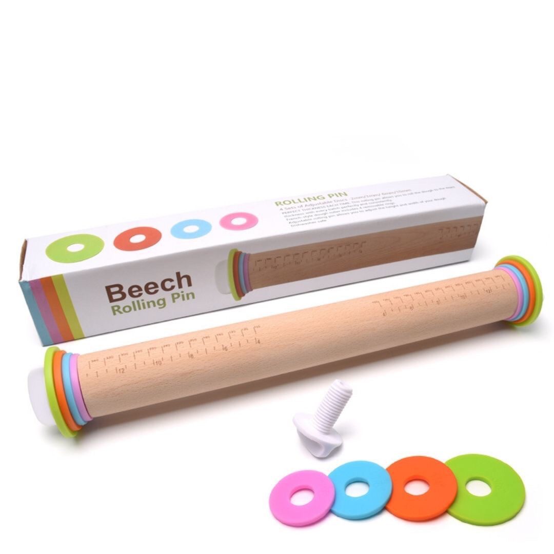 Beech Cookie Rolling Pin - Adjustable Rings - Cake Decor & Baking Supplies
